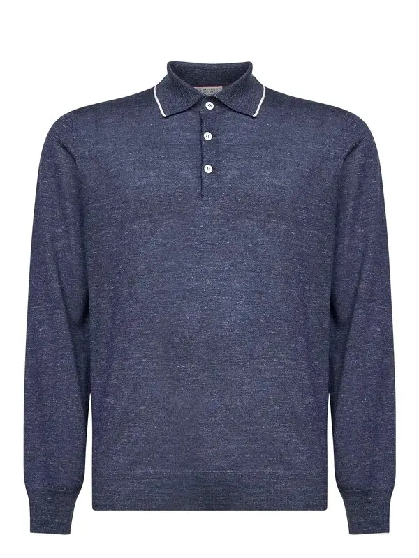 Brunello Cucinelli Avio Blue Cashmere, Silk And Hemp Knit Polo Shirt - Multicolor