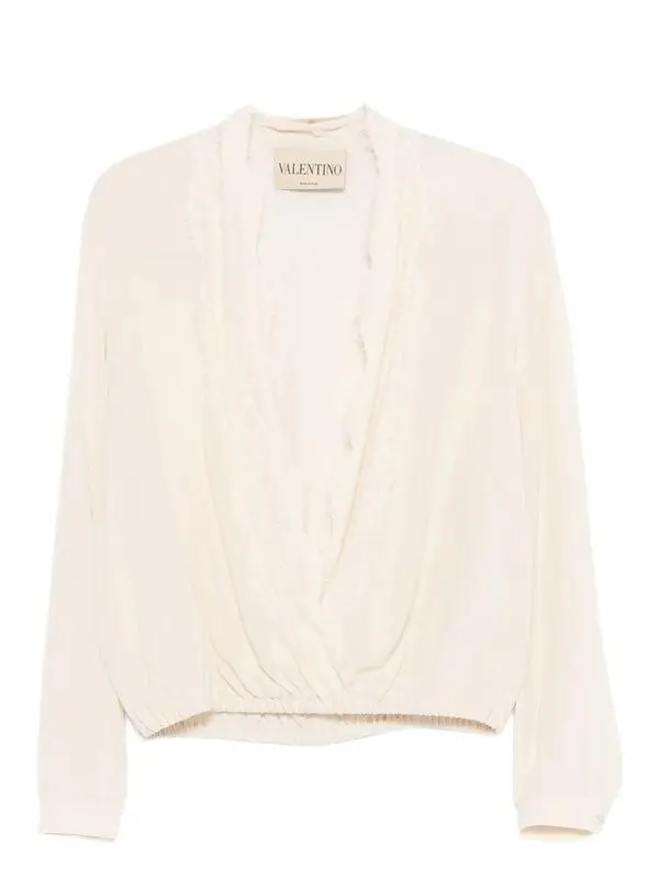Valentino Garavani Off-white Silk Lace Trim Long Sleeve Blouse - Cream