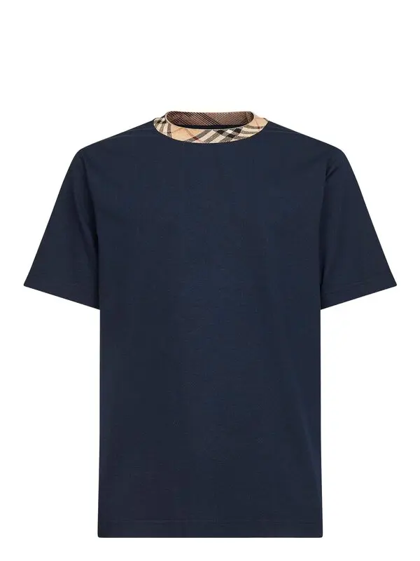 Burberry Navy Blue Cotton Check Trims T-shirt - Multicolor