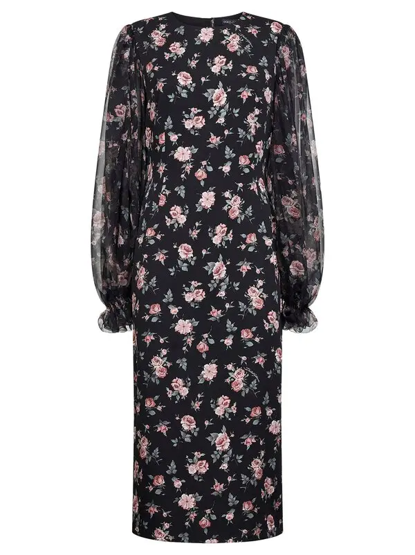 Dolce & Gabbana Black Vintage Rose Printed Charmeuse Midi Dress - Multicolor
