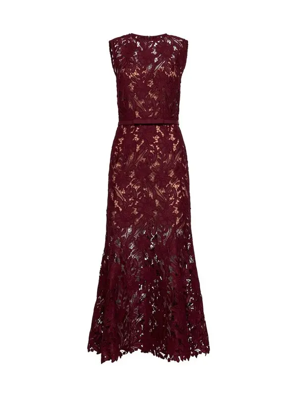 SELF-PORTRAIT Burgundy Guipure Lace Midi Dress - Multicolor