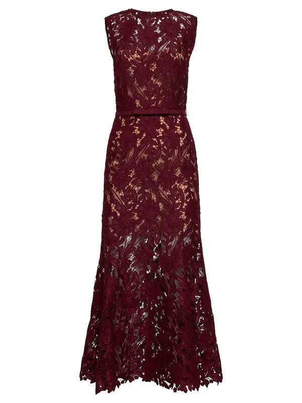 SELF-PORTRAIT Burgundy Guipure Lace Midi Dress - Multicolor