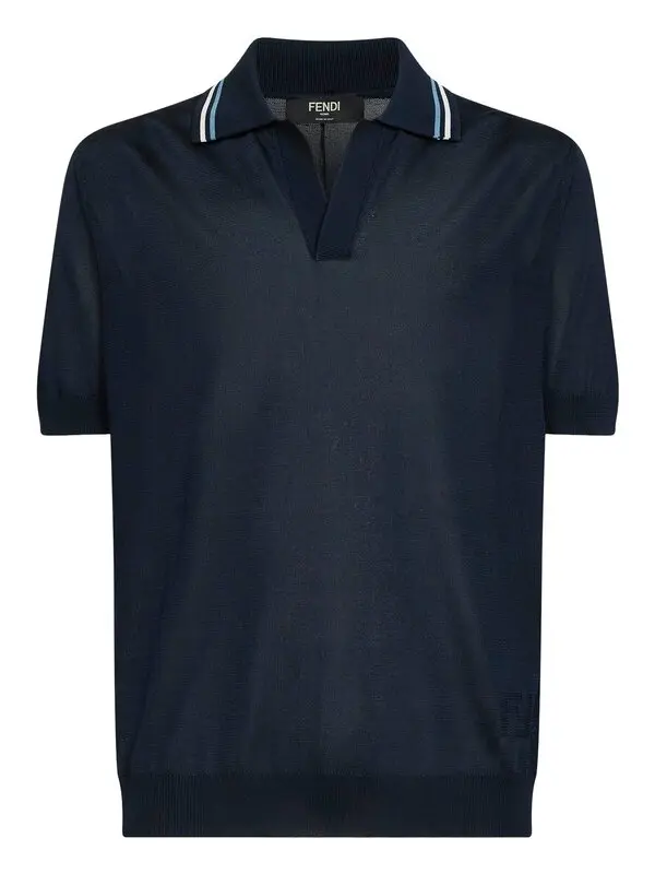 Fendi Dark Blue Viscose Knit Polo Shirt With Striped Details - Multicolor