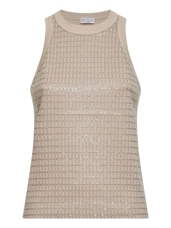 Brunello Cucinelli Ribbed Crewneck Halterneck Top With Sequin Embroidery - Multicolor