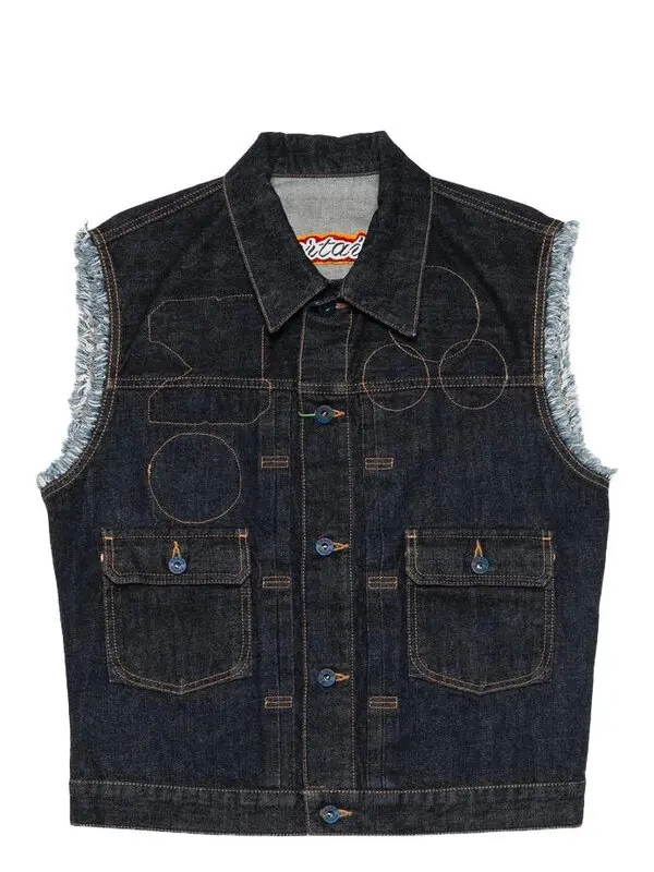 Kenzo Denim Vest With Geometric Embroidery And Frayed Edges - Blue