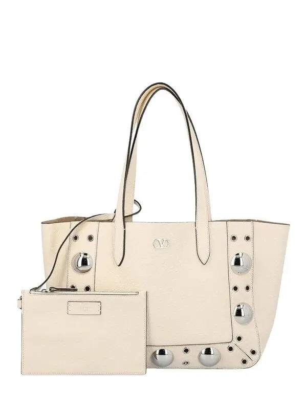 Valentino Garavani Off-white Calf Leather Studded Tote Bag With Pouch - Cream