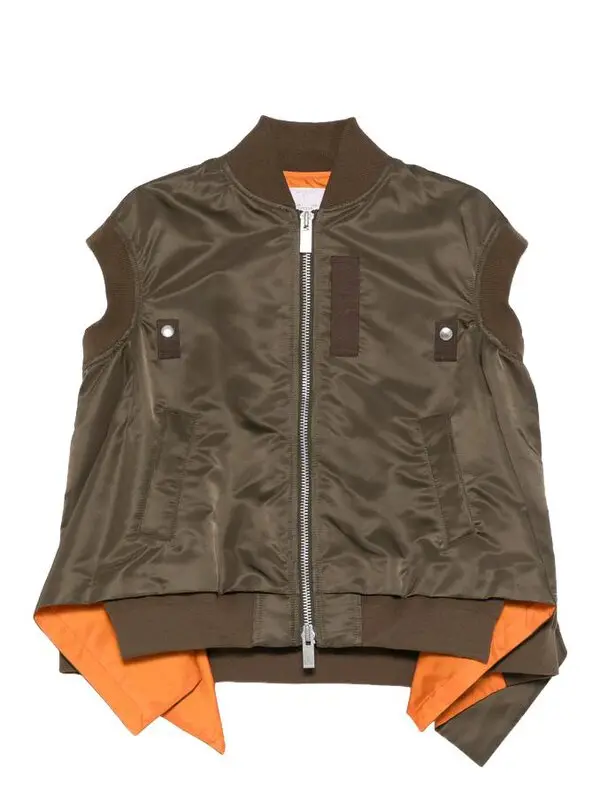 Sacai Zip-up Rib Knit Detailing Vest With Asymmetrical Hem - Green