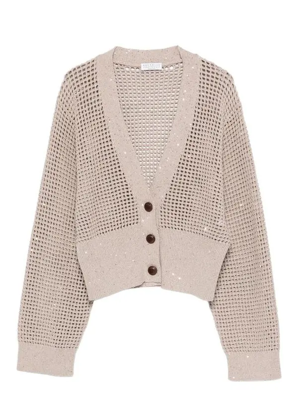 Brunello Cucinelli Beige Sequin Embellishment Knit V-neck Cardigan - Cream