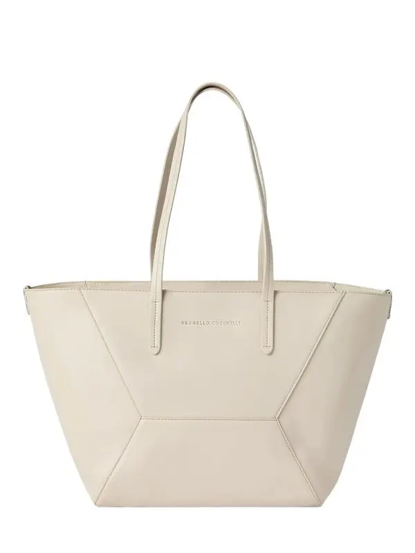 Brunello Cucinelli Leather Tote Bag With Monili Embroidery - Cream