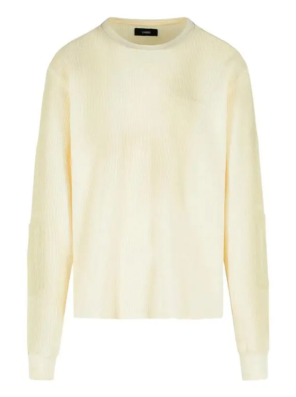 Amiri Long Sleeve Waffle Knit Crewneck With Embroidered Bone Motifs - Cream