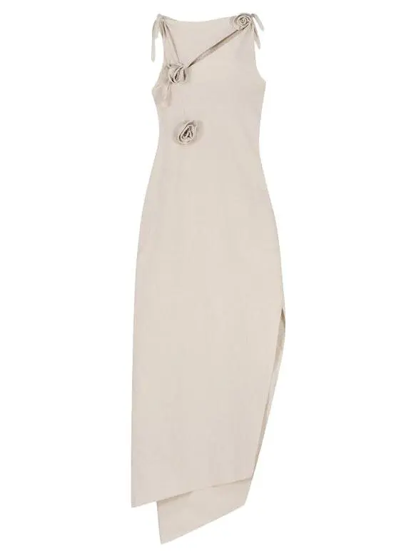 Coperni Beige Linen Rosette Detail Asymmetric Maxi Dress - Cream