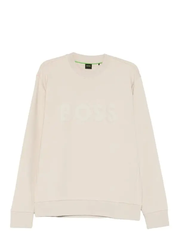 BOSS Crew Neck Long Sleeve Sweatshirt With Embossed Logo - Cream