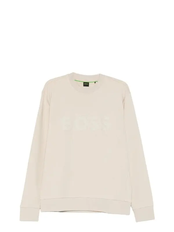 BOSS Crew Neck Long Sleeve Sweatshirt With Embossed Logo - Cream