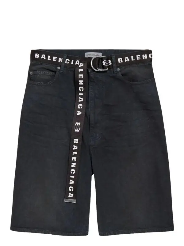 Balenciaga Denim Shorts With Logo Waistband - Black
