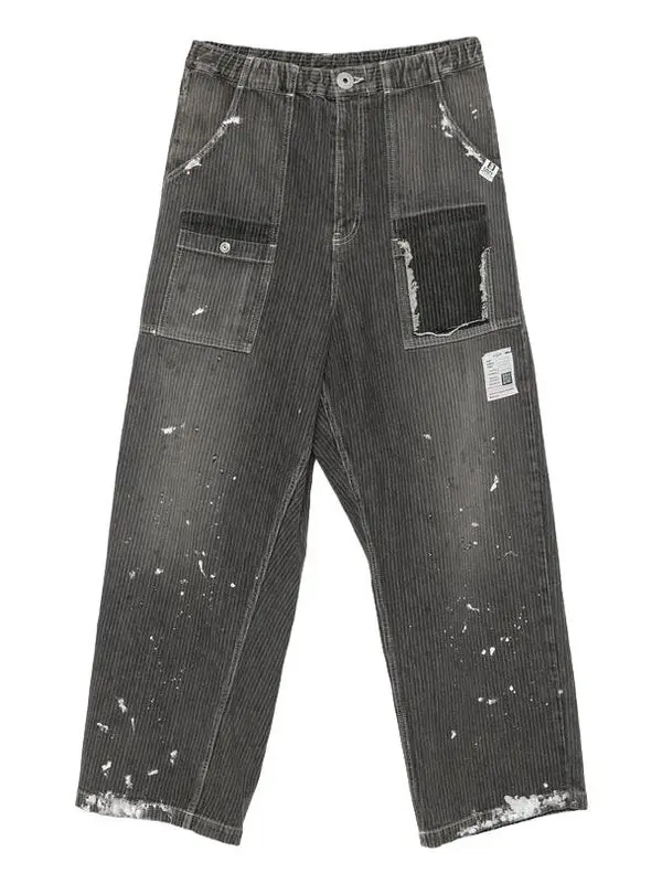 Mihara Yasuhiro Grey Pinstriped Wide-leg Jeans With Paint Splatter Detail - Gray