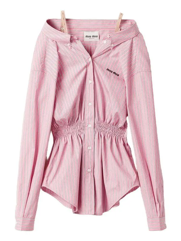 Miu Miu Striped Long Sleeve Shirt Dress - Pink