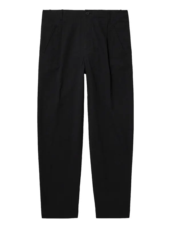 Folk Assembly Straight-leg Pleated Cotton-blend Seersucker Trousers - Black