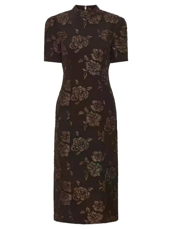 ROTATE BY BIRGER CHRISTENSEN Floral Jacquard Midi Dress - Brown
