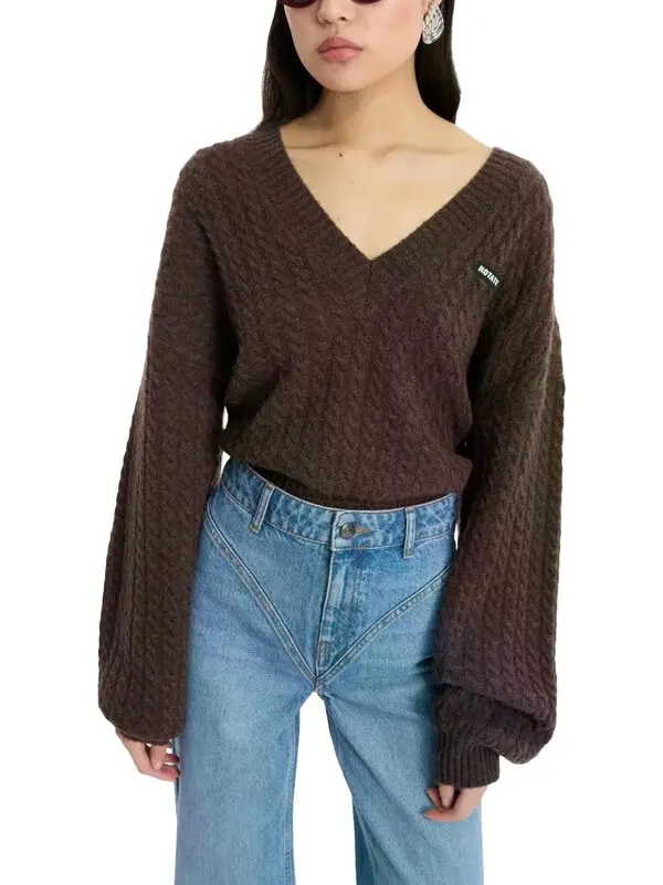 ROTATE BY BIRGER CHRISTENSEN Cable V-neck Sweater - Brown