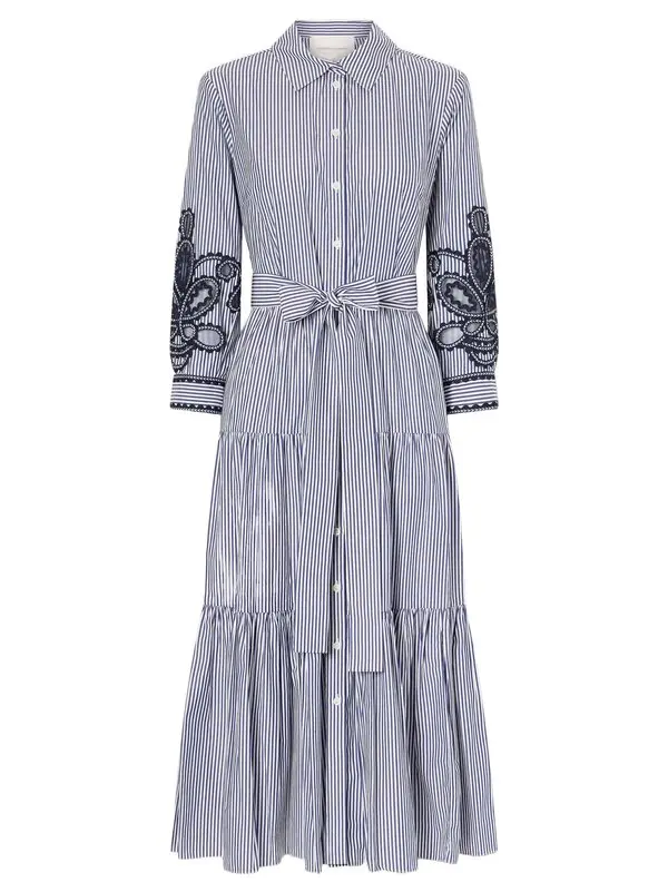 Carolina Herrera Belted Tiered Embroidered Striped Cotton-poplin Midi Dress - Blue