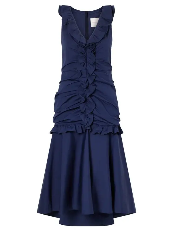 Carolina Herrera Ruched Ruffled Cotton-blend Midi Dress - Blue