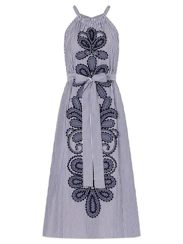 Carolina Herrera Striped Embroidered Cotton Poplin Halterneck Midi Dress - Blue