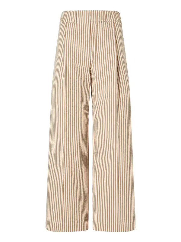 Brunello Cucinelli Cropped Pleated Striped Cotton-blend Wide-leg Pants - Neutrals
