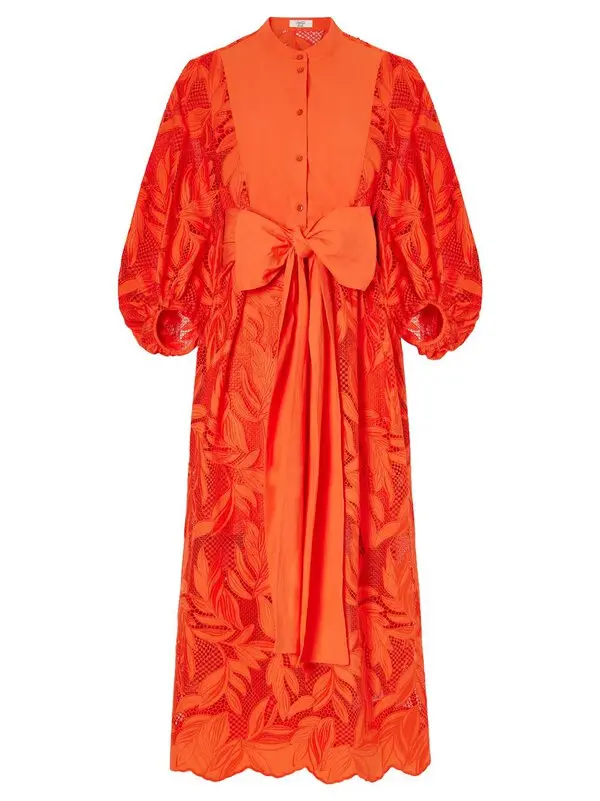 Erdem Bow-detailed Embroidered Poplin And Lace Midi Dress - Orange