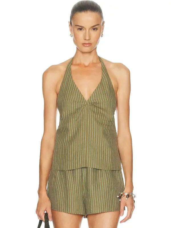 Staud Corso Halterneck Top Striped Linen - Porto Stripe