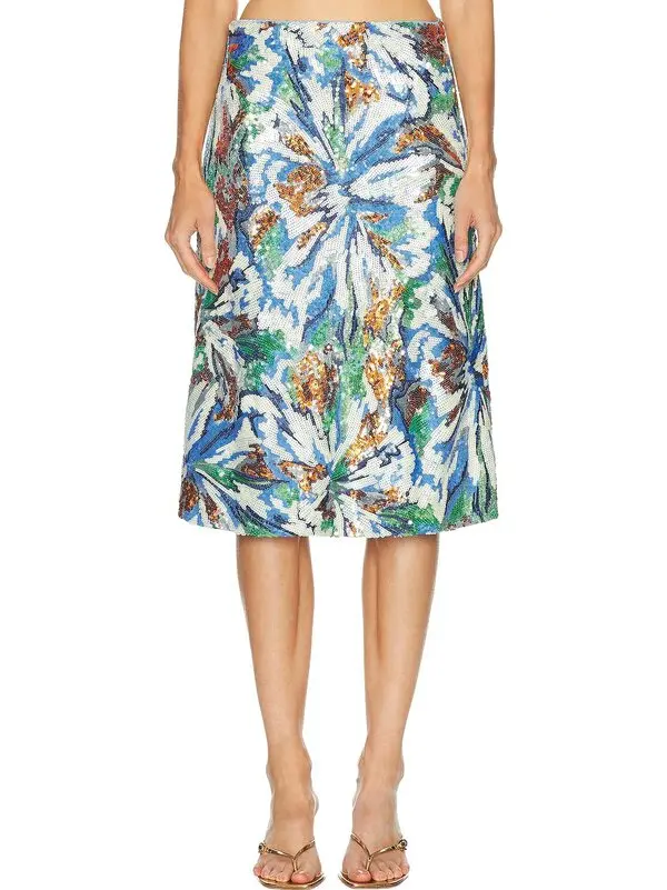 Rabanne Sequin Embellished Midi Skirt - Abstract Flowers Blue & Orange