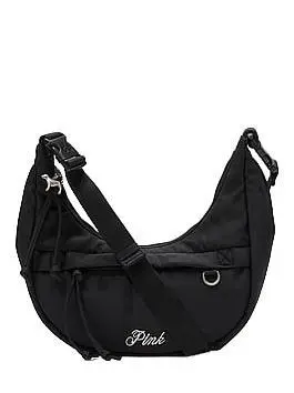 Pink Convertible Jacquard Nylon Crescent Shoulder Bag - Black