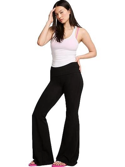 Pink All-day Cotton Foldover Super Flare Leggings - Black