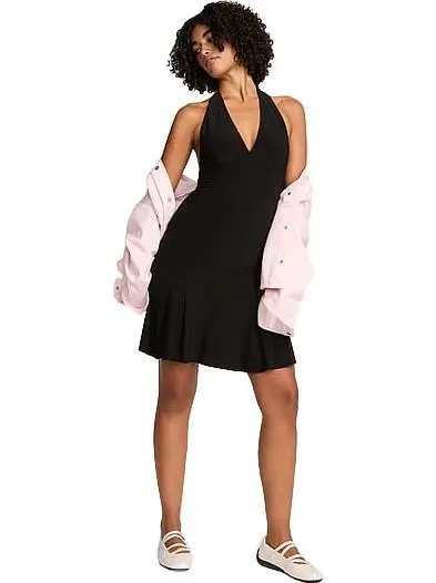 Pink Leopard Stretchy Knit Halter Mini Dress - Black