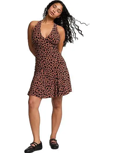 Pink Leopard Stretchy Knit Halter Mini Dress - Print