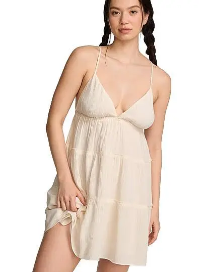 Pink Flirt Alert Tiered Mini Dress - Beige