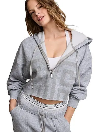 Pink Campus Fleece Cropped Half-zip Hoodie - Grey