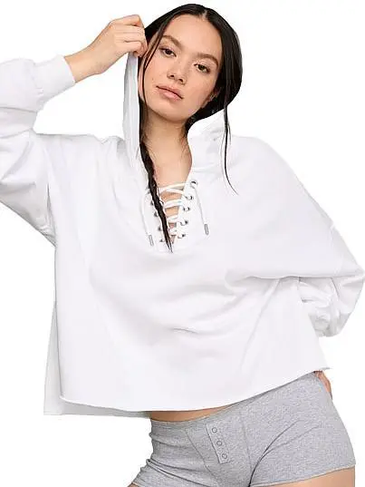 Pink Campus Terry™ Lace-up Tunic Hoodie - White,ivory