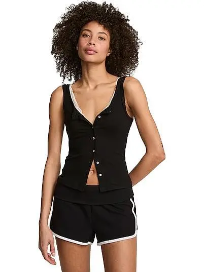 Pink Ribbed Button-down Tank Top - Black