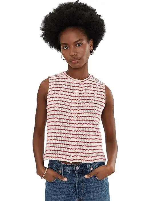 Madewell Tuck Stitch Shell With Buttons Striped Sleeveless Knit - White