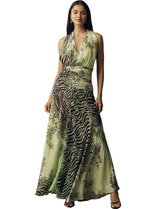 MUMA WORLD Midori Pleated Estelle Halter Top - Green Pattern