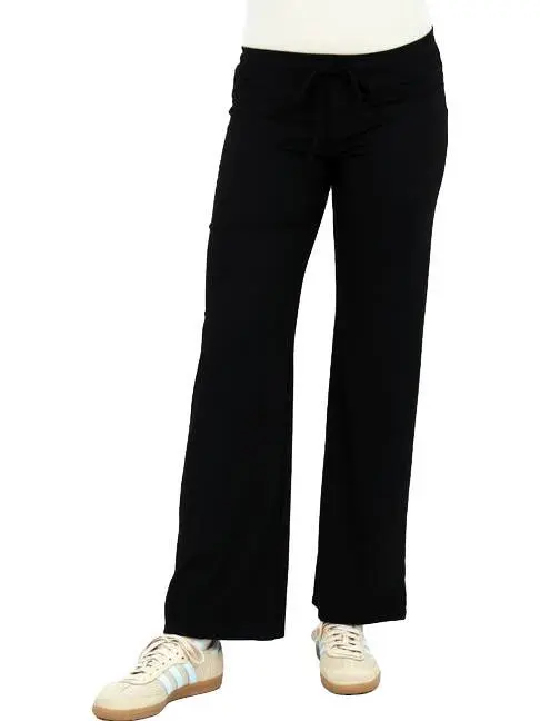 24SEVEN COMFORT APPAREL Ribbed Knit Drawstring Straight Leg Lounge Pants - Black