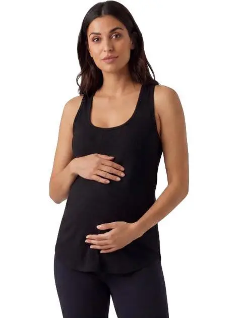 24SEVEN COMFORT APPAREL Maternity Ribbed Knit Sleeveless Scoop Neck Long Flared Tank Top - Black