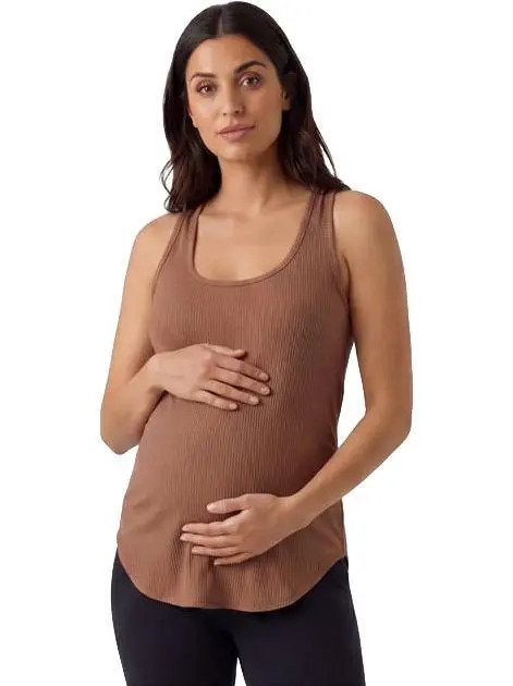 24SEVEN COMFORT APPAREL Maternity Ribbed Knit Sleeveless Scoop Neck Long Flared Tank Top - Mocha
