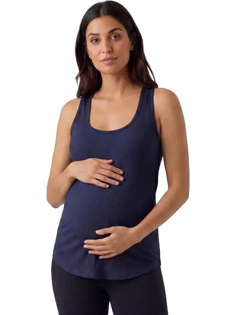 24SEVEN COMFORT APPAREL Maternity Ribbed Knit Sleeveless Scoop Neck Long Flared Tank Top - Navy