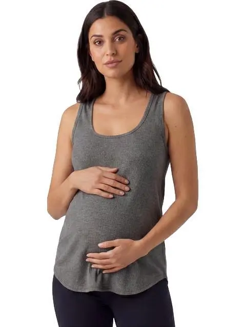 24SEVEN COMFORT APPAREL Maternity Ribbed Knit Sleeveless Scoop Neck Long Flared Tank Top - Smoke