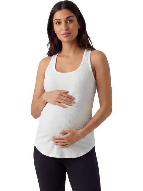 24SEVEN COMFORT APPAREL Maternity Ribbed Knit Sleeveless Scoop Neck Long Flared Tank Top - White