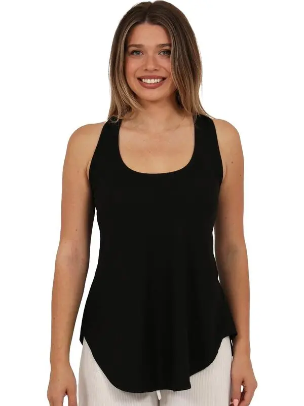 24SEVEN COMFORT APPAREL Ribbed Knit Sleeveless Scoop Neck Flared Tank Top - Black