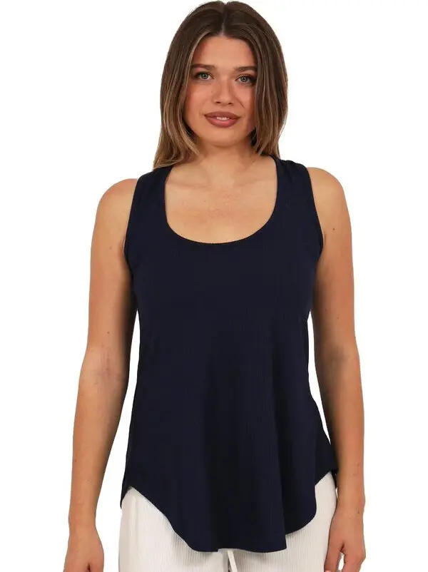 24SEVEN COMFORT APPAREL Ribbed Knit Sleeveless Scoop Neck Flared Tank Top - Navy