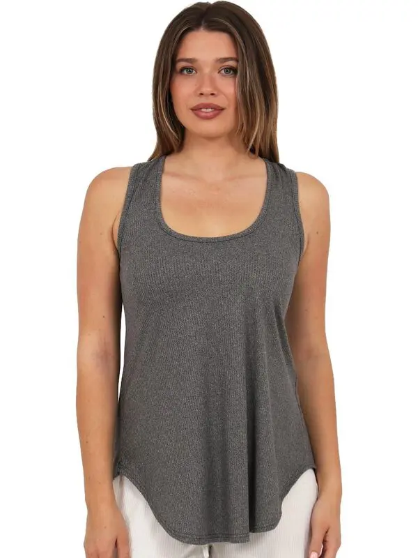 24SEVEN COMFORT APPAREL Ribbed Knit Sleeveless Scoop Neck Flared Tank Top - Smoke