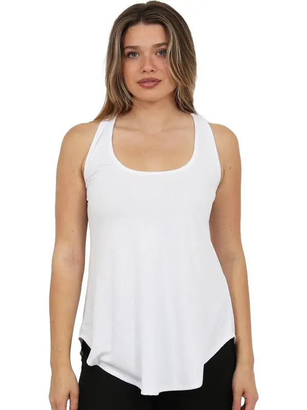 24SEVEN COMFORT APPAREL Ribbed Knit Sleeveless Scoop Neck Flared Tank Top - White